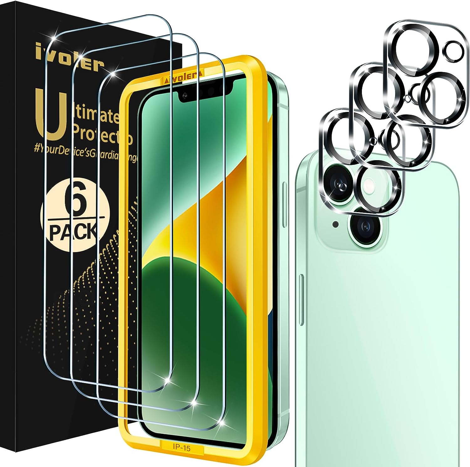ivoler [3+3 Pack Tempered Glass for iPhone 15 Screen Protector 6.1''